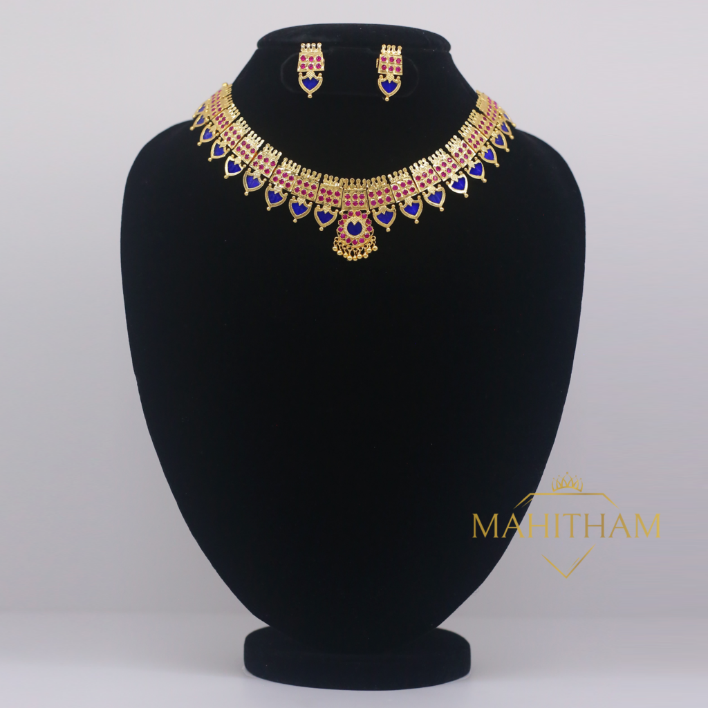 Traditional Blue Palakka Six Ruby Red Stone One Gram Gold Necklace Set ...